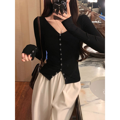 【清仓现货】掐腰V领排扣针织开衫女春纯欲辣妹短款长袖