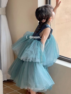 韩国童装Bloom花开夏季连衣裙背心网纱拼接女童礼服演出服公主裙