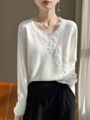 白色V领长袖针织衫女2024春秋新款宽松显瘦蕾丝设计感洋气上衣潮