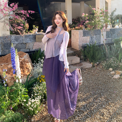 紫色吊带针织开衫半身裙三件套女
