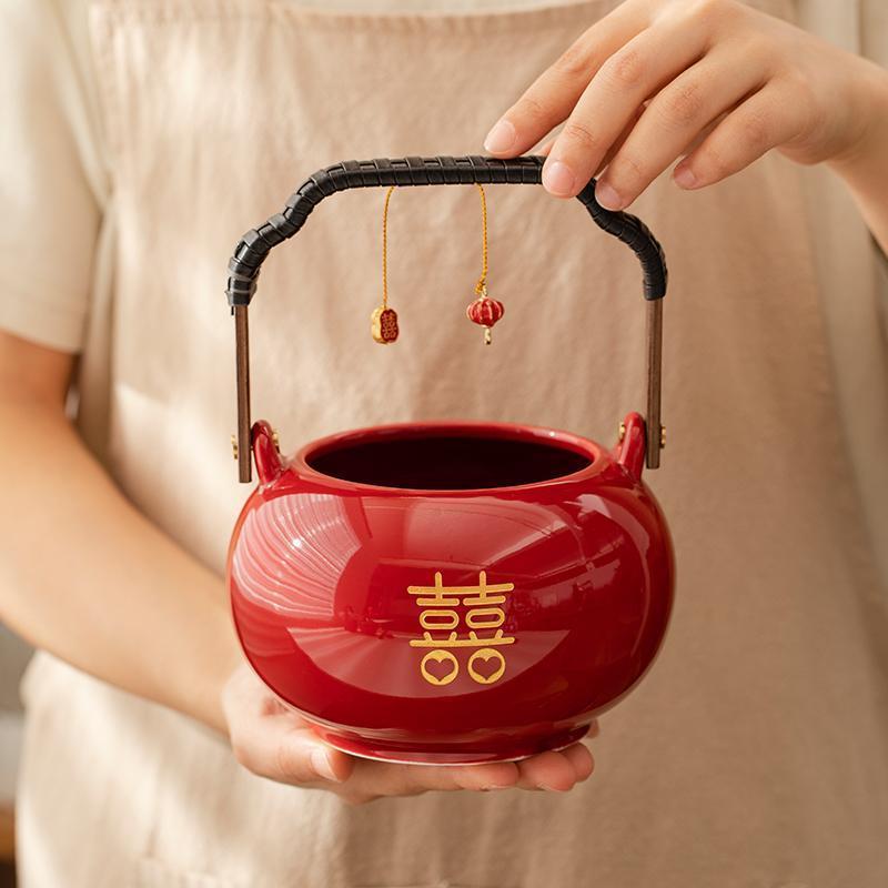 子孙桶一对结婚陪嫁套装用品大全喜事摆件娘家嫁妆女方红色痰盂桶