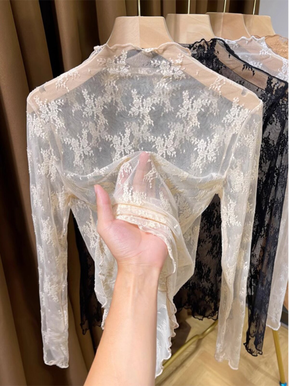 性感网眼高领蕾丝衬衫初秋女性2025年新毛衣与真菌边底衬衫上衣