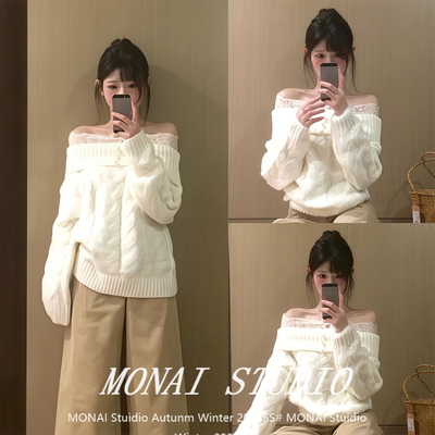 【bardchill~】一字肩白色毛衣