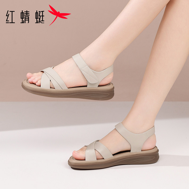 红蜻蜓女士厚底平底凉鞋女妈妈2026新款夏季夏天真皮软底牛皮外穿