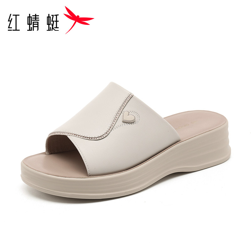 红蜻蜓外穿妈妈拖鞋夏季新款厚底真皮时尚中年女士休闲一字拖凉鞋