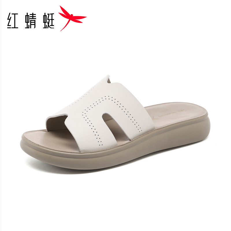 红蜻蜓女鞋平底软底一字拖女士拖鞋女夏外穿新款真皮软皮凉拖夏天