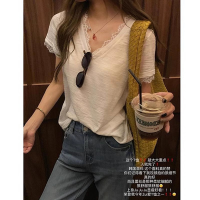 韩国通用型常规夏款冰丝面料休闲风蕾丝白色短袖吸湿排汗韩版潮流