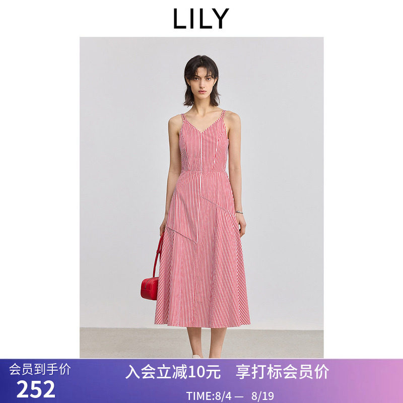 【商场同款】LILY夏新款全棉收腰V领百搭红色吊带裙连衣裙女