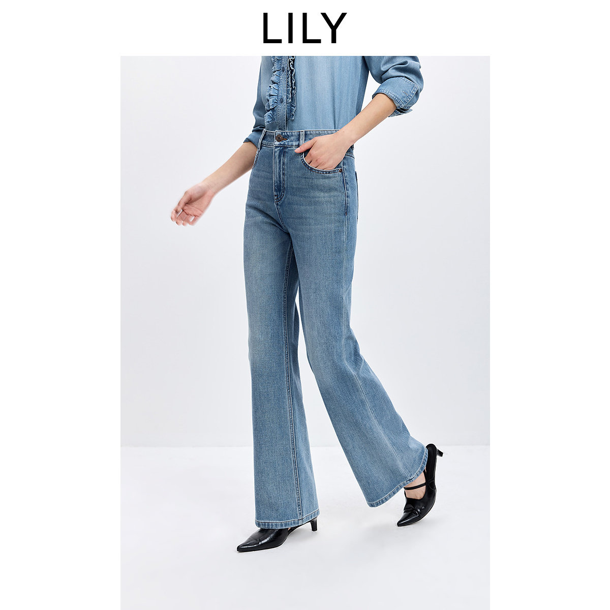 【来了就好】LILY2026春新款弹力休闲通勤百搭浅色微喇裤牛仔裤