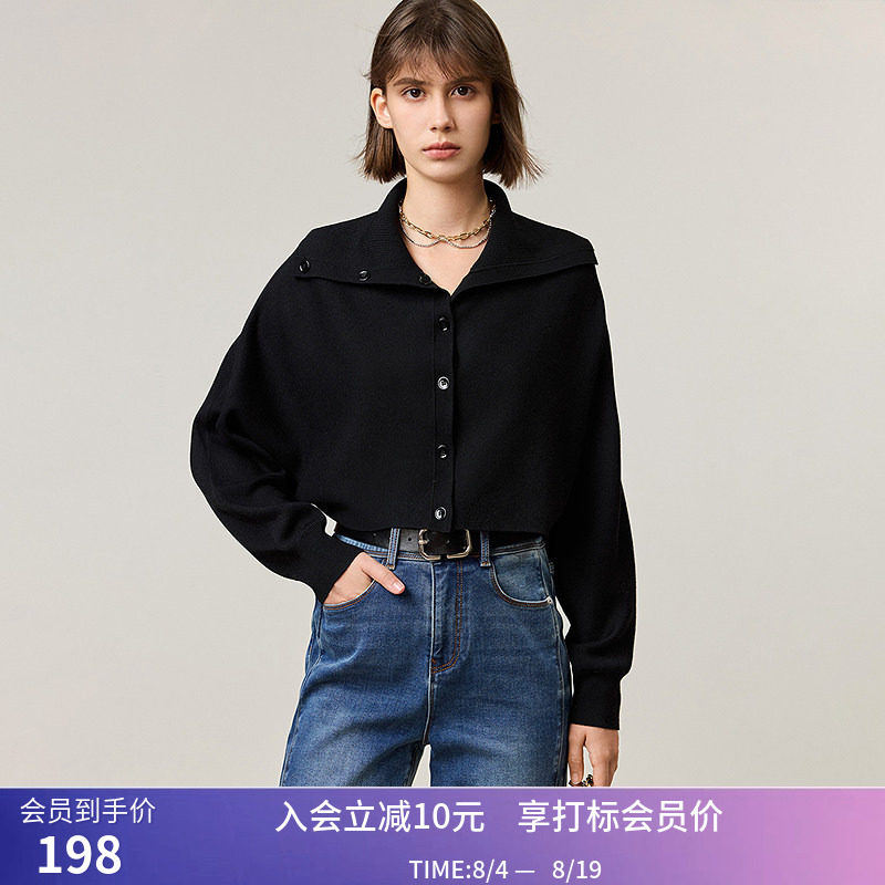 LILY冬新款女装经典翻领宽松合身休闲百搭针织开衫外套女短款