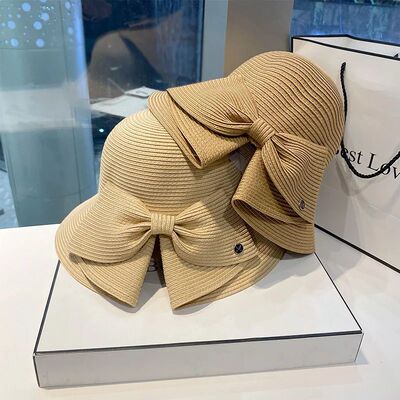 Summer Women Straw Bucket Hat Panama Bow Large Brim Foldable