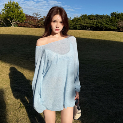 PickRui睿哥 米兰假日baby蓝微透字母宽松罩衫女夏新款防晒衫长袖