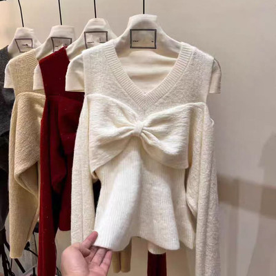 法式设计感v领亮丝大蝴蝶结毛衣