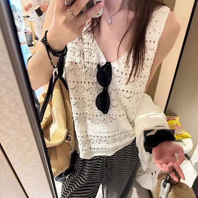 法式复古镂空冰丝针织衫T恤女潮