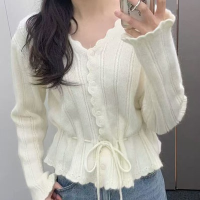 韩系v领木耳边收腰系带针织衫女