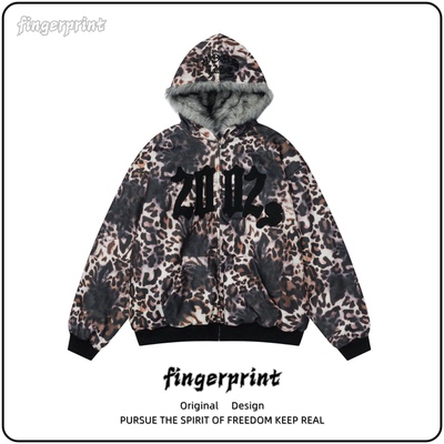 zhiwen美式街潮高级感中性复古座山雕豹纹设计男式宽松厚棉服外套