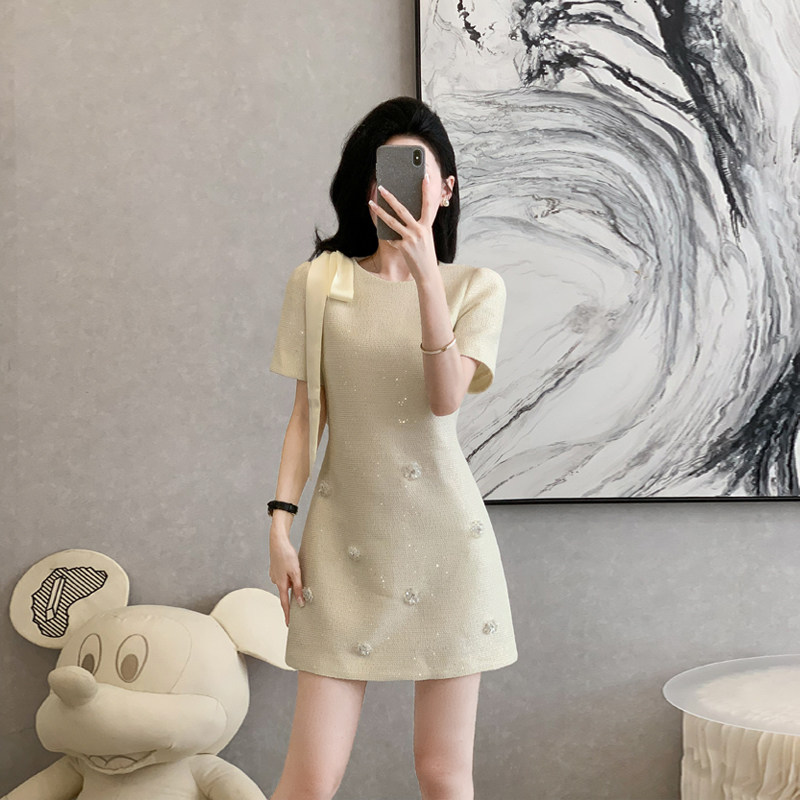 小香风气质亮片圆领连衣裙女夏季新款高法式级设计感修身显瘦裙子