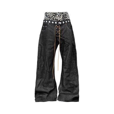 DETW 25ss*《豹纹》原创小众双腰原牛弯刀牛仔裤叠堆设计感男女裤