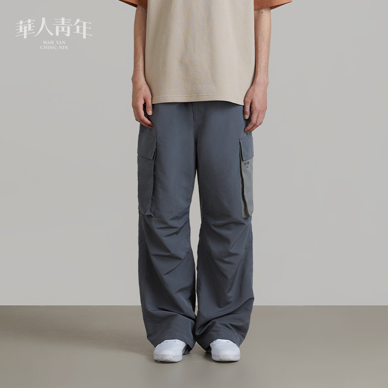 华人青年夏季复古休闲口袋撞色工装裤男宽松直筒潮牌休闲长裤薄款