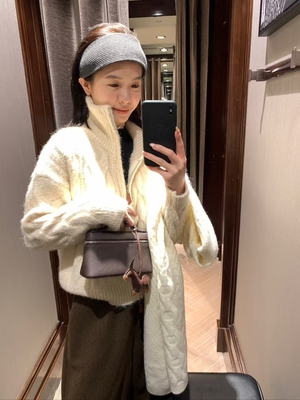 METWO 2215#拉毛高领麻花毛衣女秋冬加厚减龄气质双拉链上衣外套