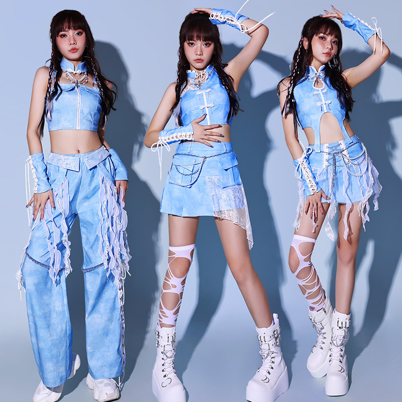 新款银色打歌服kpop女团演出服性感成人啦啦队服装爵士舞蹈服套装