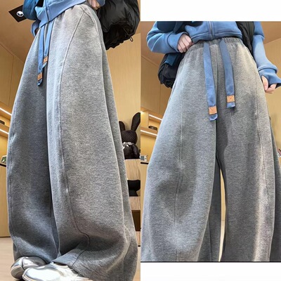 秋冬加绒高腰宽松阔腿卫裤女