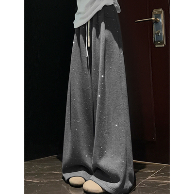 灰色烫钻高腰垂感阔腿裤女秋冬