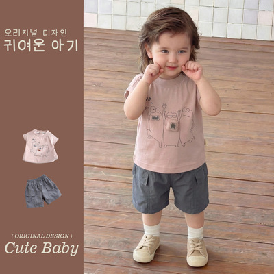 Cute baby男宝宝夏季幼儿园套装1小男孩印花短袖上衣休闲五分裤