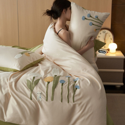 毛巾绣100S新疆长绒棉贡缎磨毛四件套全棉被套纯棉床单床上用品