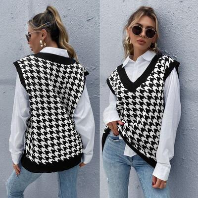 Women's 2021 loose houndstooth v-neck vest women v领针织马甲