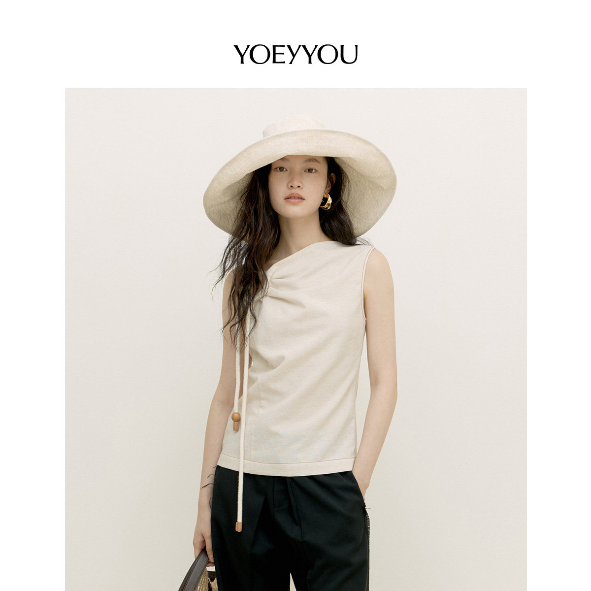 YOEYYOU装饰镂空上衣春夏款设计师款不对称抽褶无袖收腰显瘦背心