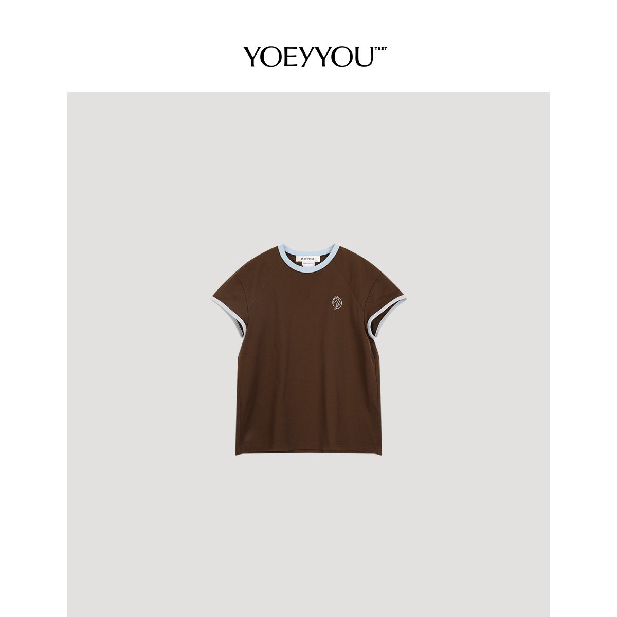 YOEYYOU包边撞色T恤女LOGO绣花撞色插肩设计感小众修身短款上衣