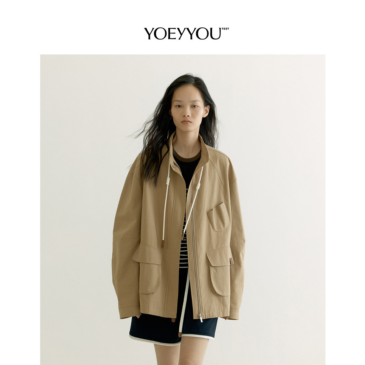 YOEYYOU工装立领短风衣春夏款设计师款立体弧形口袋抽绳夹克外套