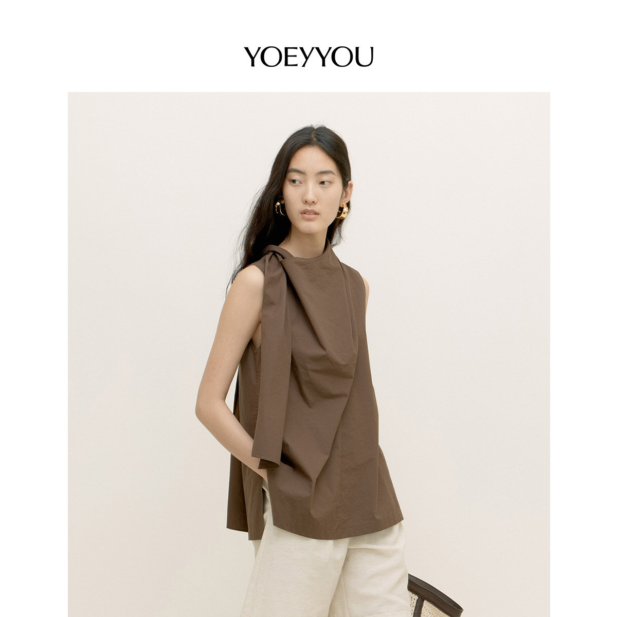 YOEYYOU绑结荡领上衣春夏款设计师款极简高级感廓形棉质无袖背心