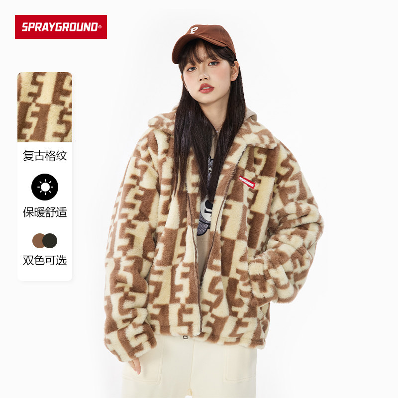 SprayGround秋冬棋盘格毛绒夹克女情侣加厚休闲保暖毛外套潮牌男