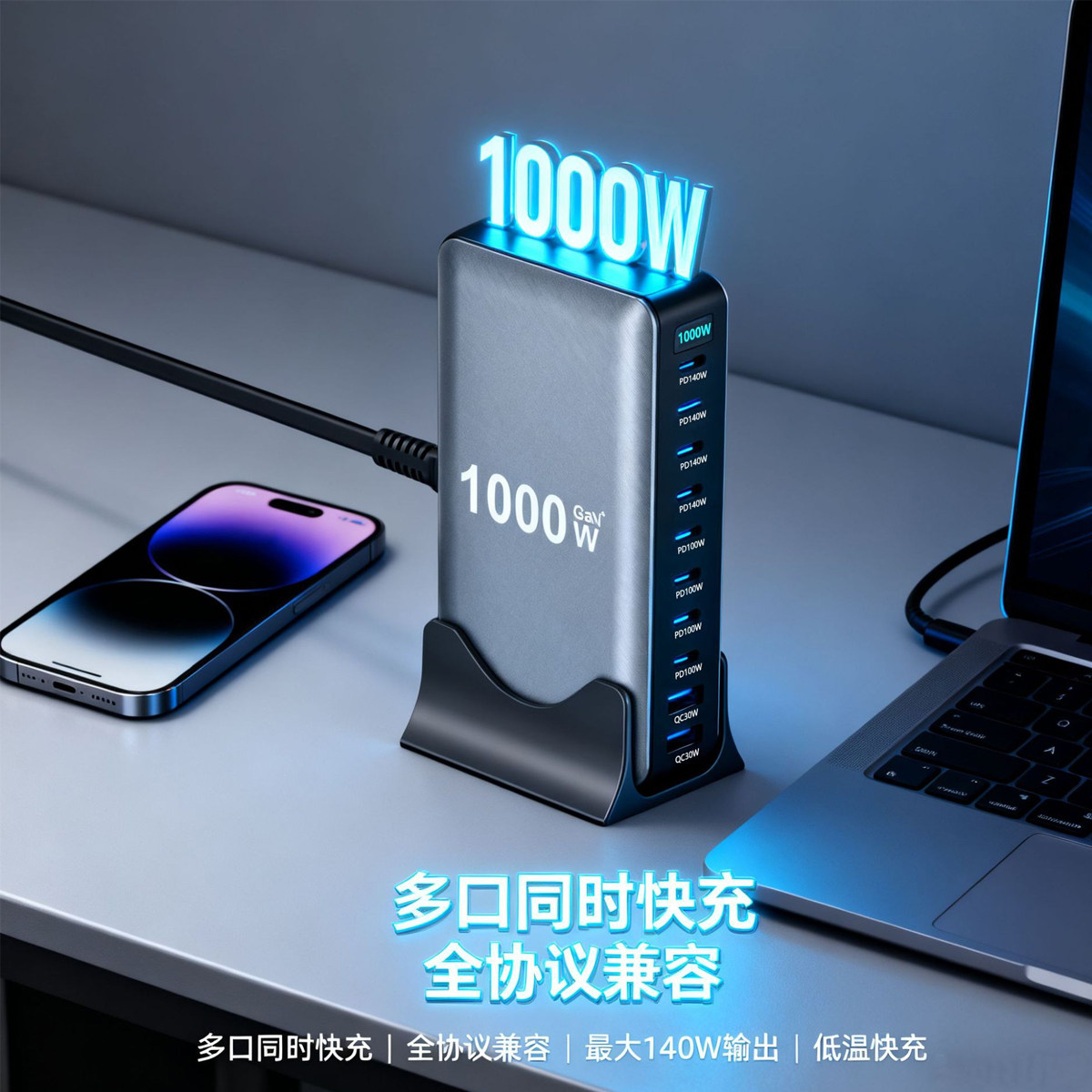 新款1000W全协议氮化镓充电器多口桌面充电站PD3.1单口140W快充插头usb口加typec口适用平果安卓华为小米三星