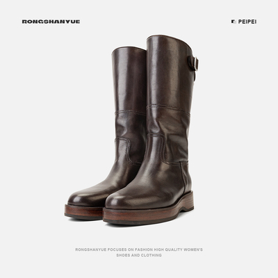 Rongshanyue甄选牛皮粗跟长筒靴套筒皮带扣厚底秋冬靴子B1429