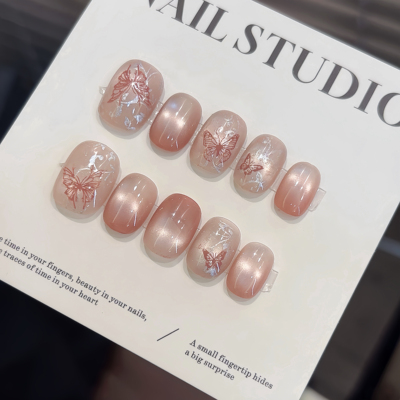 纯手工【云纱影】新中式国风印花玻璃珠猫眼渐变豆沙粉嫩短穿戴甲