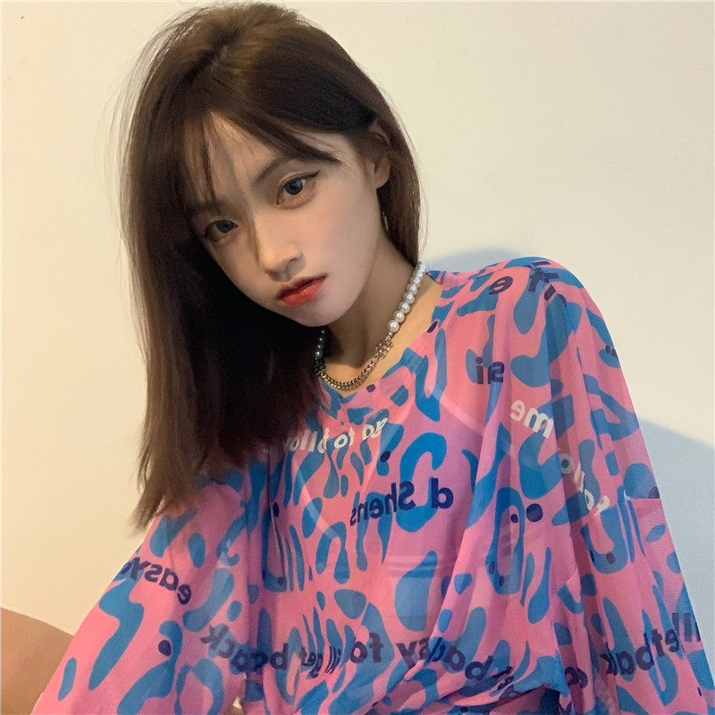 字母宽松t恤女薄款夏季新款防晒罩衫网纱打底衫套头长袖上衣夏_虎窝淘