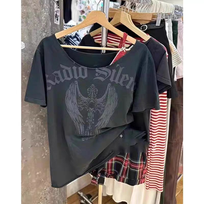 BrandyGirl新款美式复古天使翅膀斜肩bm短袖T恤女宽松显瘦上衣潮