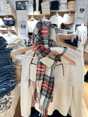 新款美式复古米色红色格子围巾