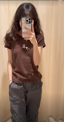 BrandyGirl新款棕色小熊刺绣纯棉T恤bm正肩短袖女修身显瘦上衣潮