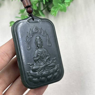 新疆和田玉青玉且末蓝莲花观音牌子普度众生菩萨玉坠项坠包邮42克