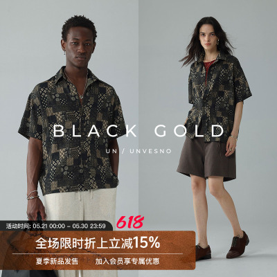 Unvesno(UN)黑金系列中古感亚麻混纺定制繁花纹双面印翻领衬衫