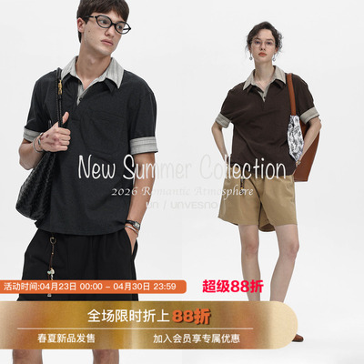 Unvesno(UN)Softfit老钱风翻领假两件拼接色织口袋条纹短袖polo衫