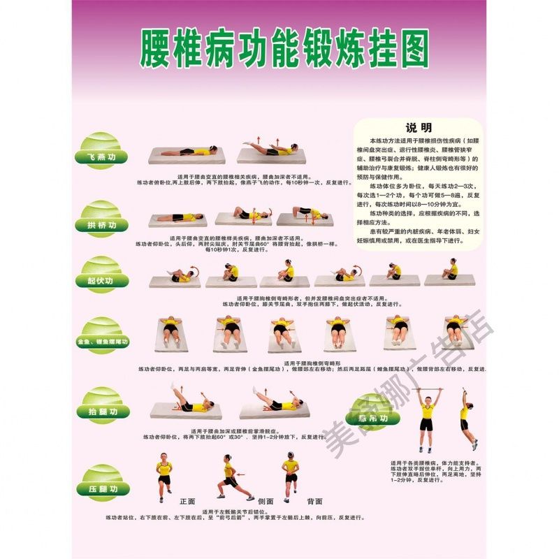 腰椎疾病功能健康锻炼挂图 运动养生治疗疾病中医海报医院宣传画