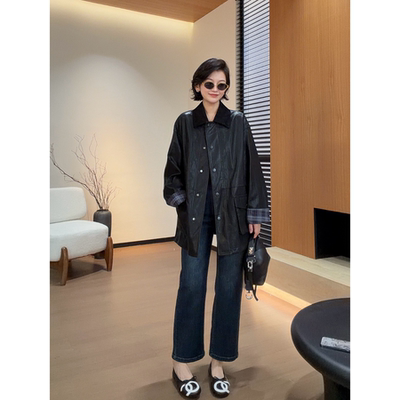 玙菲【长款皮外套】撞色皮衣外套宽松显瘦酷飒百搭女士外套