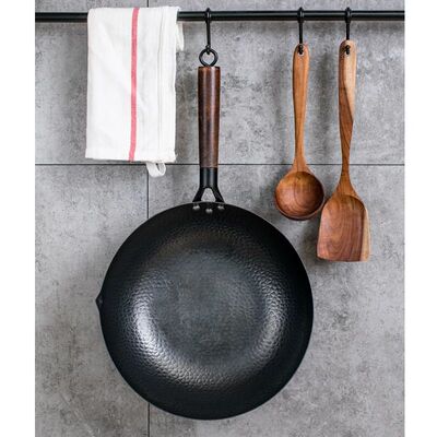 Carbon teel Wok Pan 32cm tir Fry Wok et with Wooden Lid