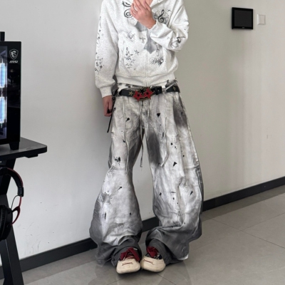 街头廓形弯刀双腰头抽绳牛仔裤