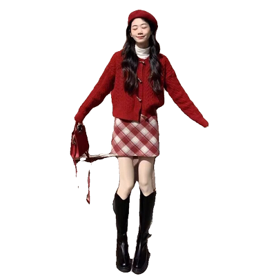 小香风圣诞红色毛衣套装裙子女冬